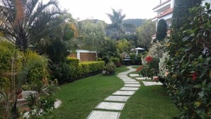 Um jardim bem cuidado com um caminho de pedra que leva a um edifício.