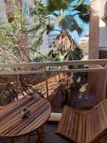 Uma varanda com mesa e cadeiras de madeira, vista para uma palmeira e um edifício ao fundo.