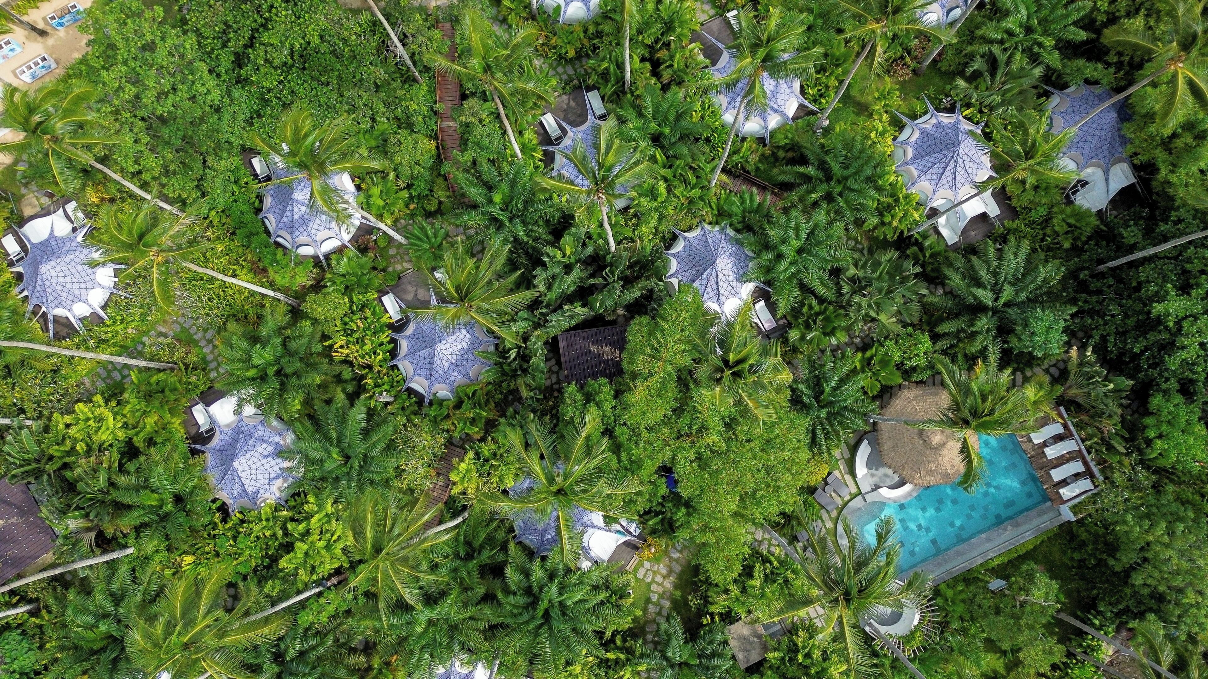 Vista aérea de um resort com várias estruturas em formato de guarda-sol, uma piscina e vegetação exuberante.