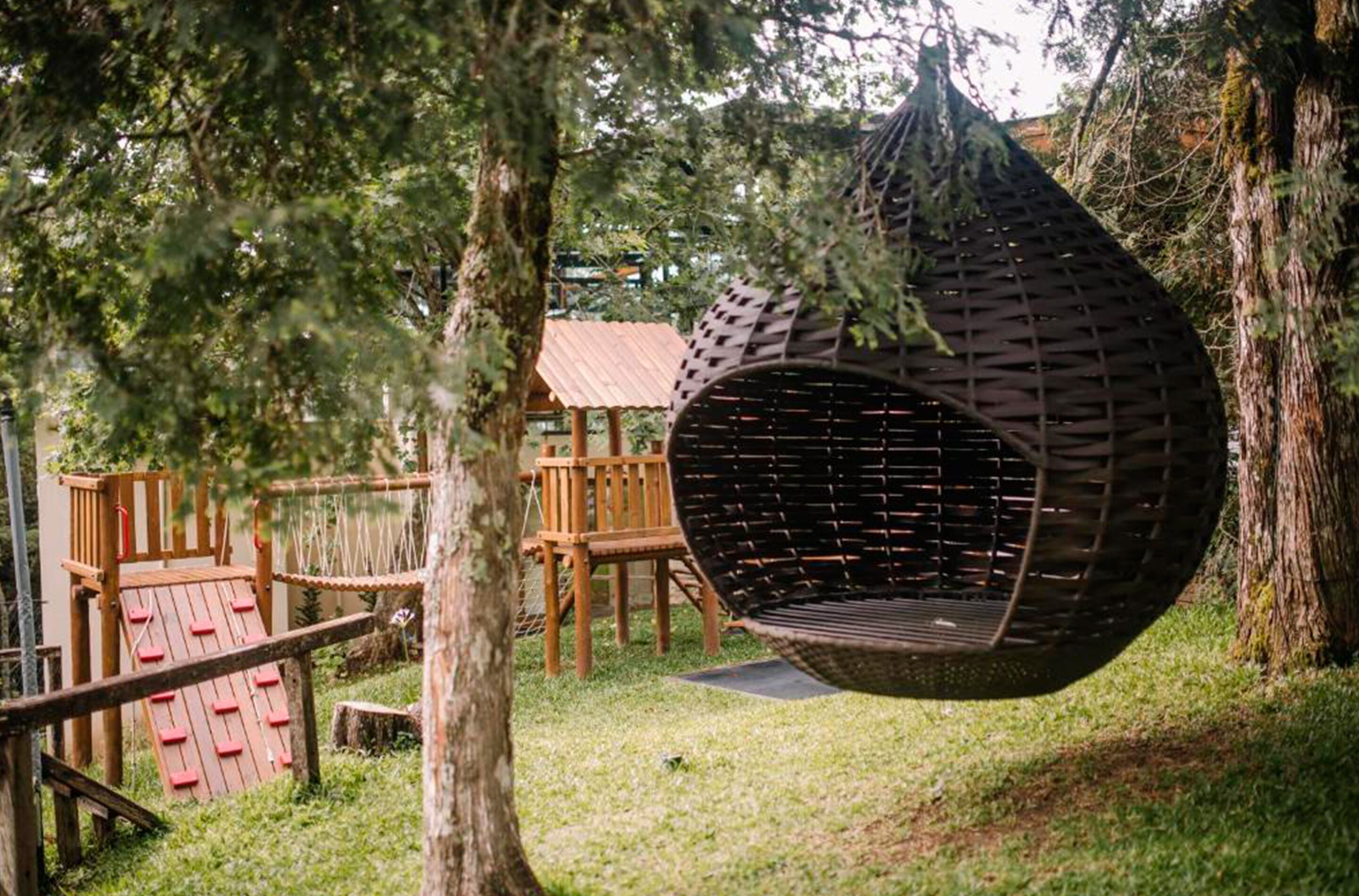 Uma cadeira suspensa presa a uma árvore, um deck de madeira e uma construção rústica em um jardim.