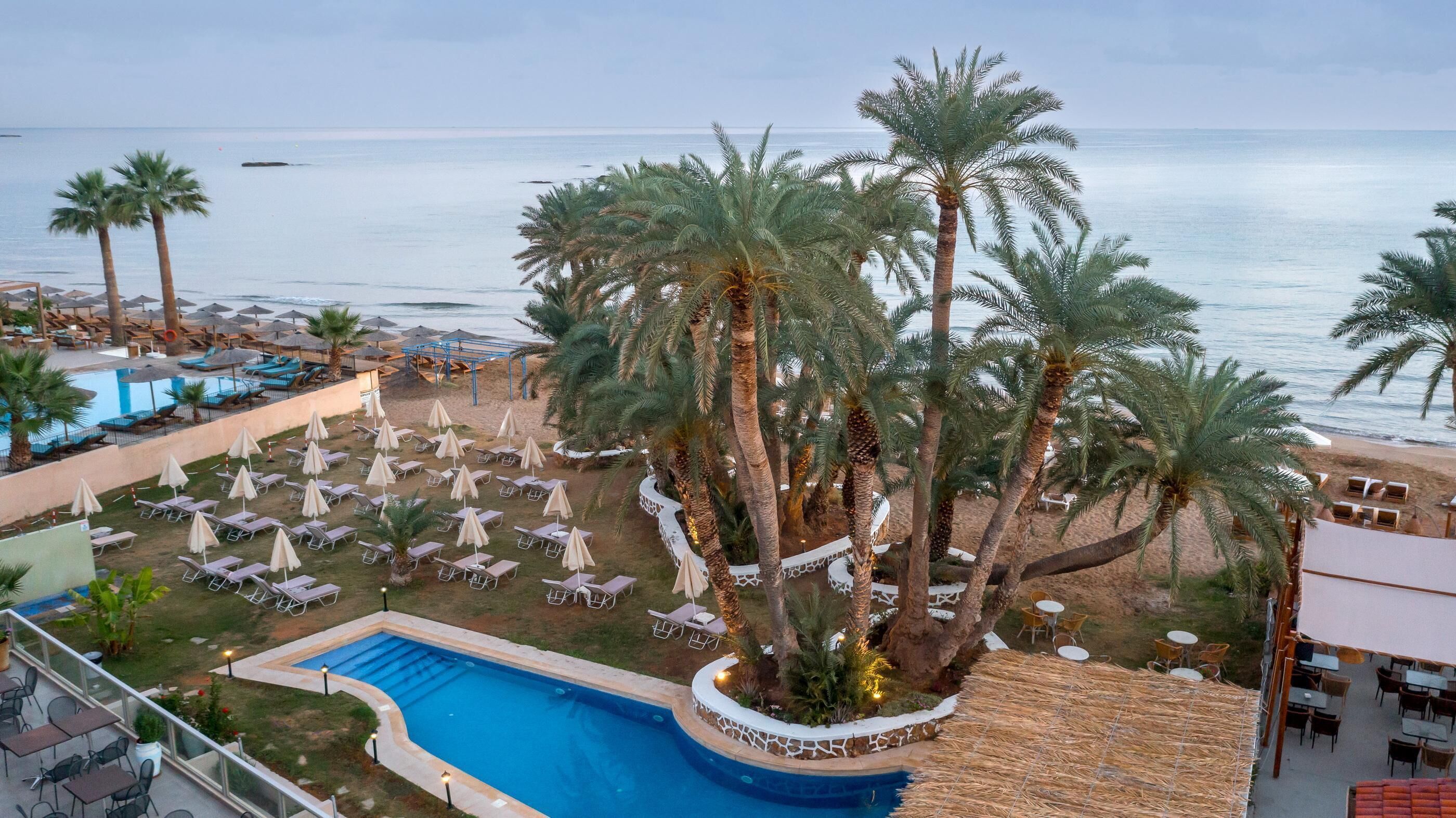 Resort com piscina, cadeiras de praia, guarda-sóis e palmeiras.