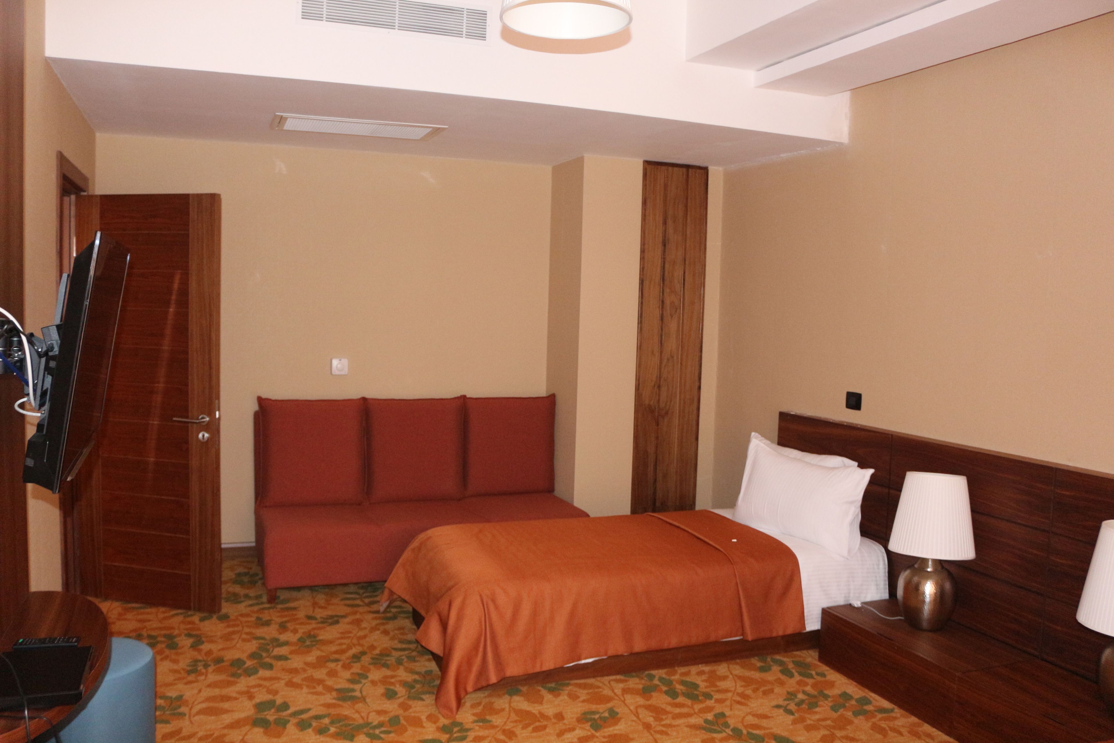 Quarto de hotel com cama, sofá, televisão e luminária.