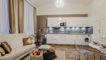 Apartamento Standard | Cozinha privada | Um frigorífico, um micro-ondas, um forno, uma placa de cozinha