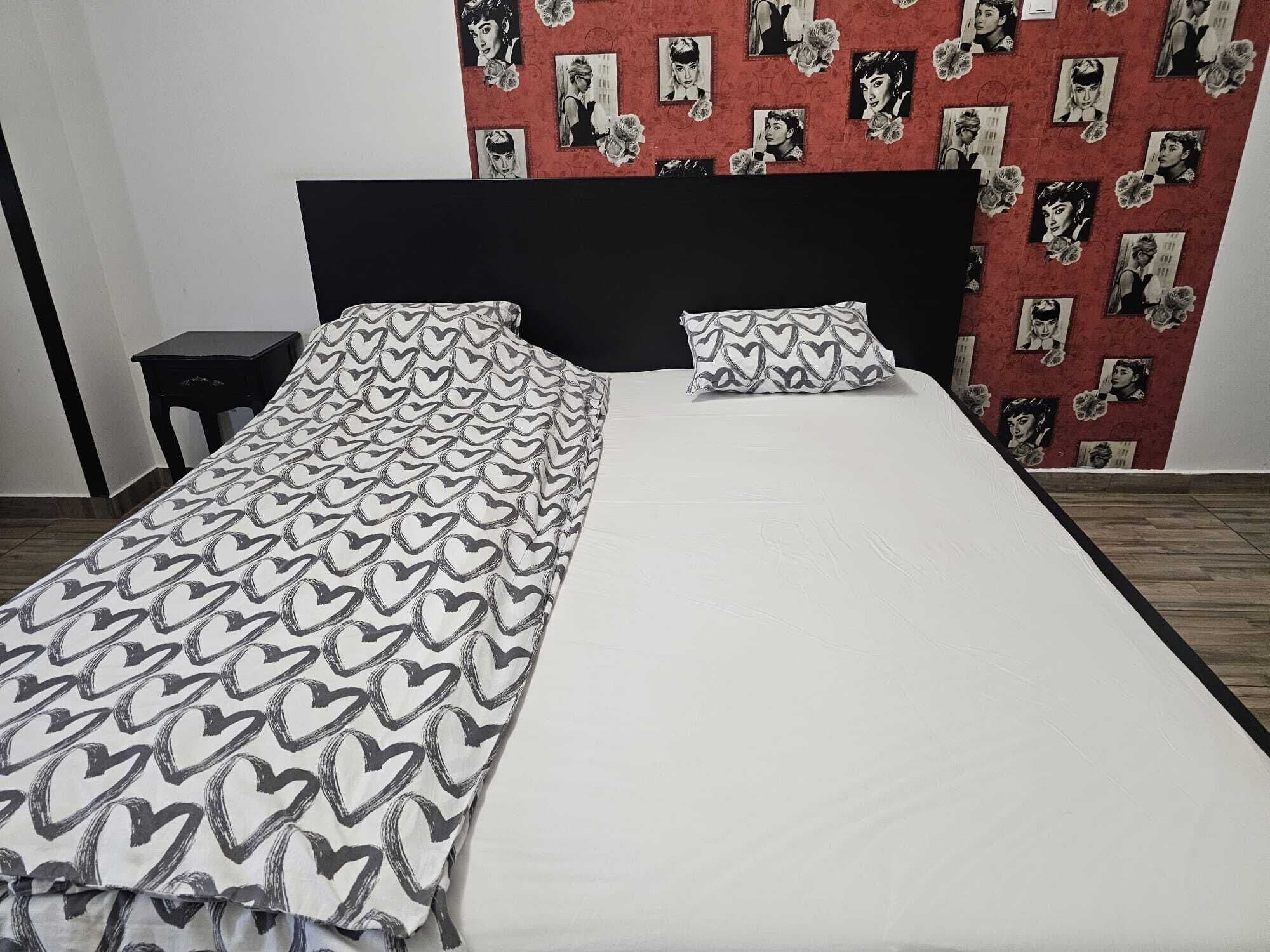 Uma cama com colcha estampada e almofadas, mesa de cabeceira preta e parede vermelha com quadros.