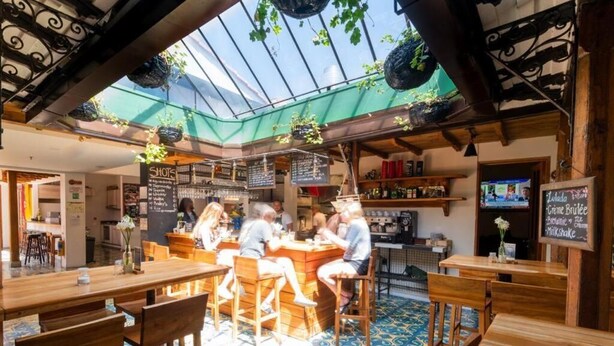 Um café com balcão de madeira e área de estar, menu em lousa e plantas penduradas.