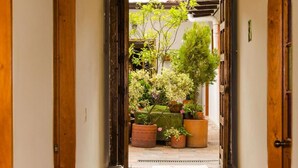 Corredor estreito com portas de madeira de ambos os lados, dando acesso a um jardim com plantas em vasos e uma escadaria.
