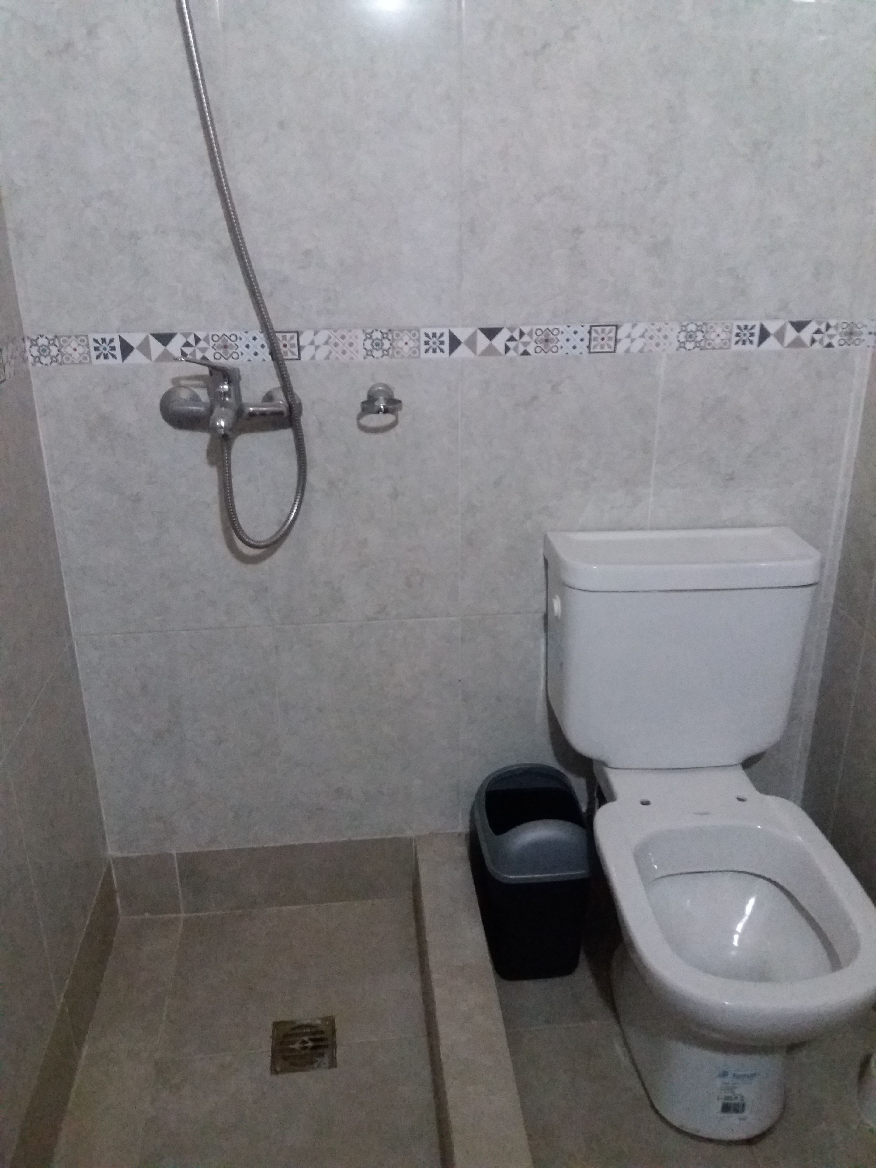 Um banheiro com vaso sanitário, bidê e chuveiro.