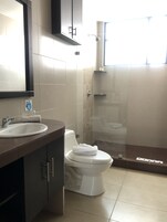 Chuveiro, bidê, toalhas de banho 