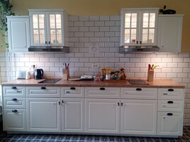 Um frigorífico/congelador grande, um micro-ondas, uma placa de cozinha