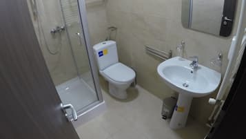 Casa de banho com cabine de chuveiro em vidro, sanita e lavatório.