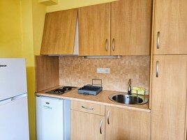 Apartamento Básico, 1 quarto | Cozinha privada | Um frigorífico, um micro-ondas, uma placa de cozinha 