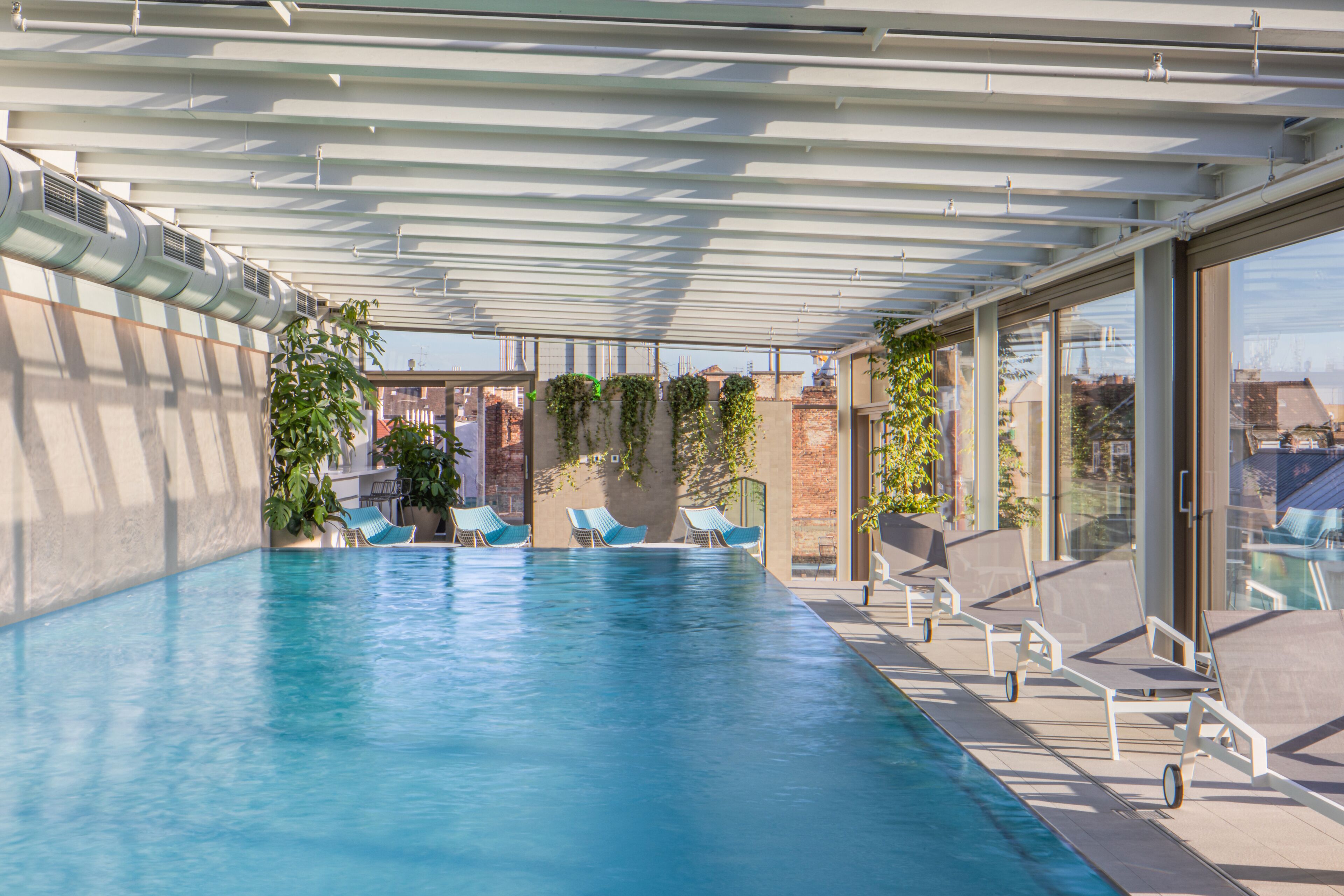 Piscina no terraço com água azul cristalina, rodeada por espreguiçadeiras e plantas em vasos.