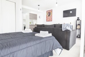Apartamento, 1 cama queen-size e sofá-cama, não fumadores | Wi-fi grátis, roupa de cama fornecida 