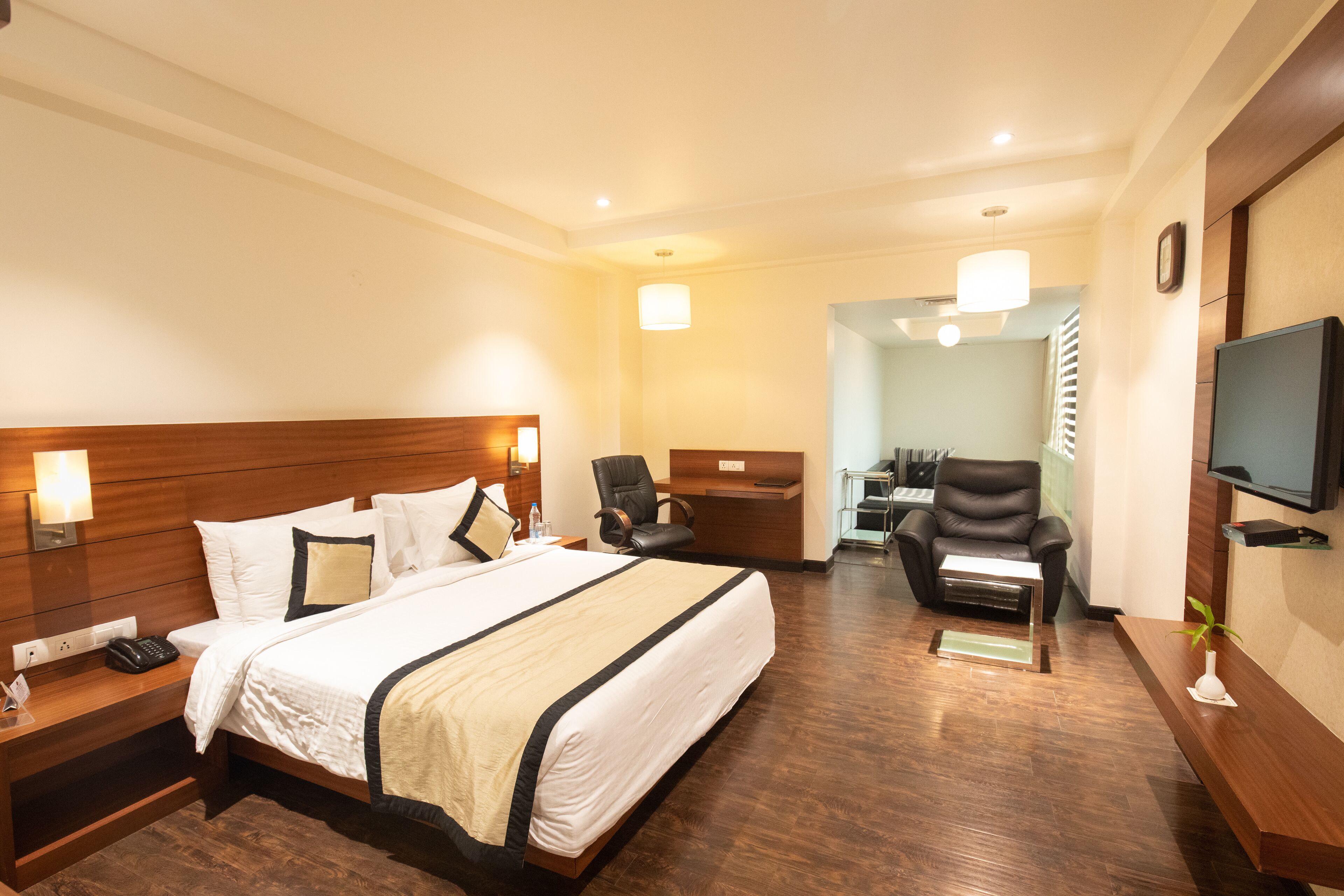 Quarto de hotel com cama grande, escrivaninha, cadeira, televisão e uma pequena planta.