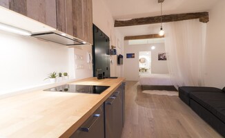 Estúdio | Cozinha privada | Um frigorífico/congelador grande, um micro-ondas, uma placa de cozinha 