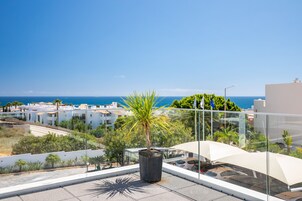 Terraço no telhado com uma palmeira em vaso, guarda-corpo de vidro e vista para o mar e edifícios.