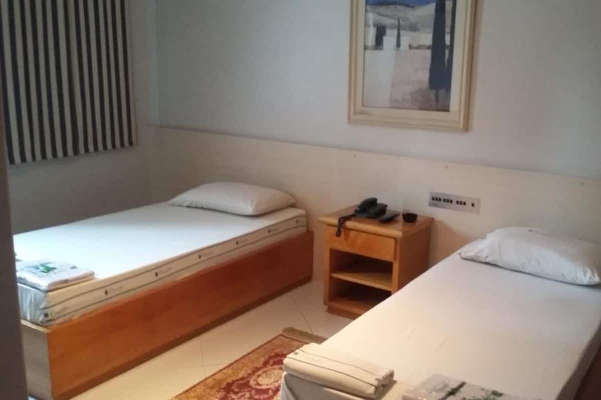 Um quarto pequeno com duas camas de solteiro, uma mesinha de cabeceira com telefone e um quadro na parede.