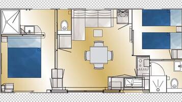 Planta baixa de um quarto de hotel com cama, escrivaninha, cadeira, mesinha, sofá, janela e banheiro.