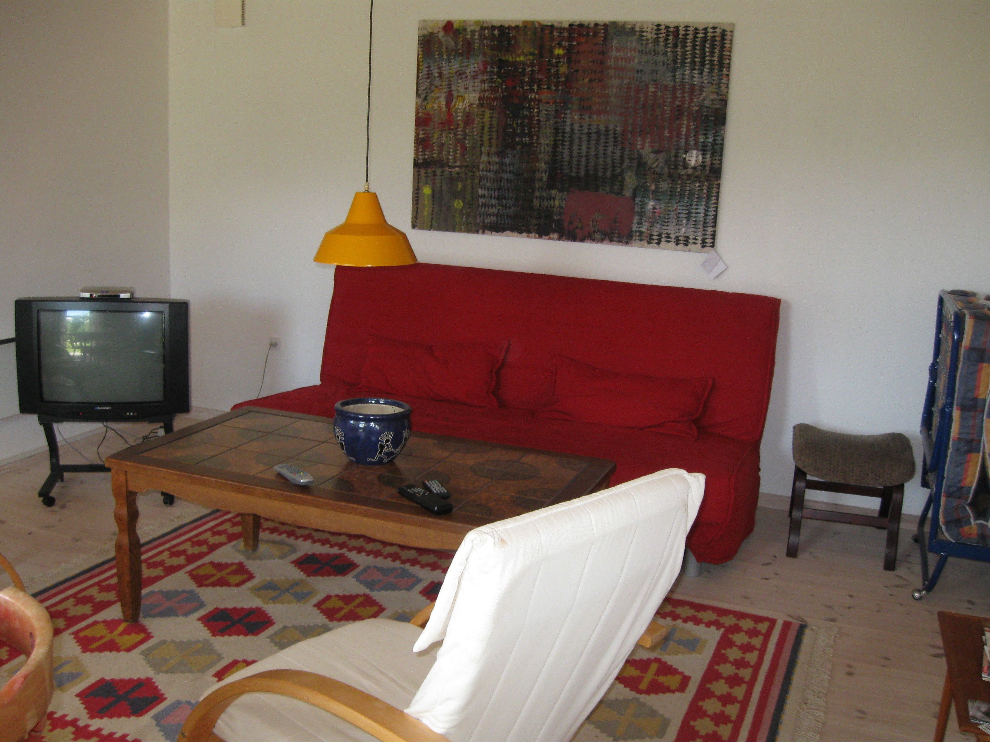 Uma sala de estar com um sofá vermelho, uma mesa de centro de madeira, uma televisão e um tapete colorido.