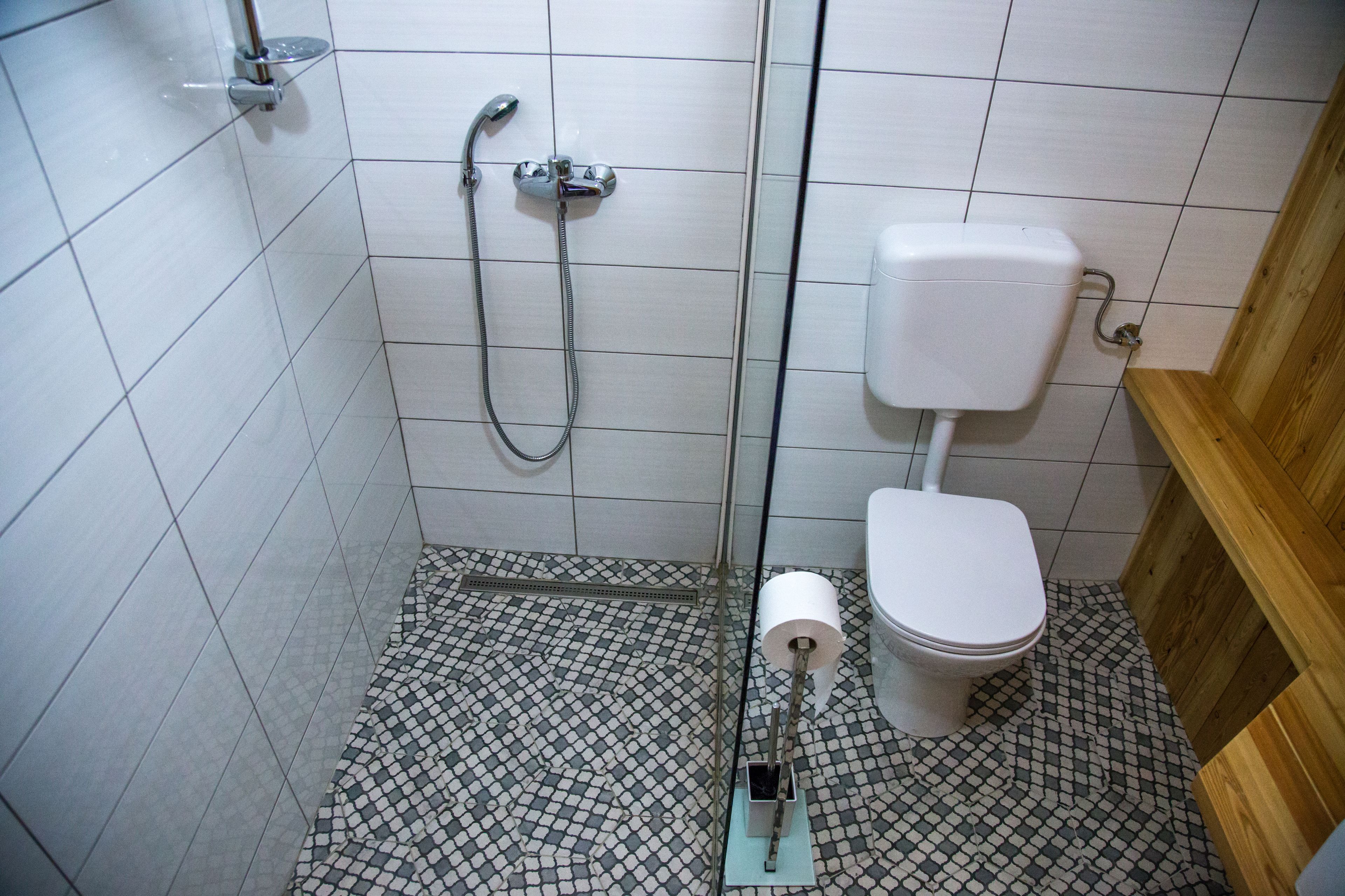 Uma casa de banho pequena com chuveiro, sanita e chão em azulejos.