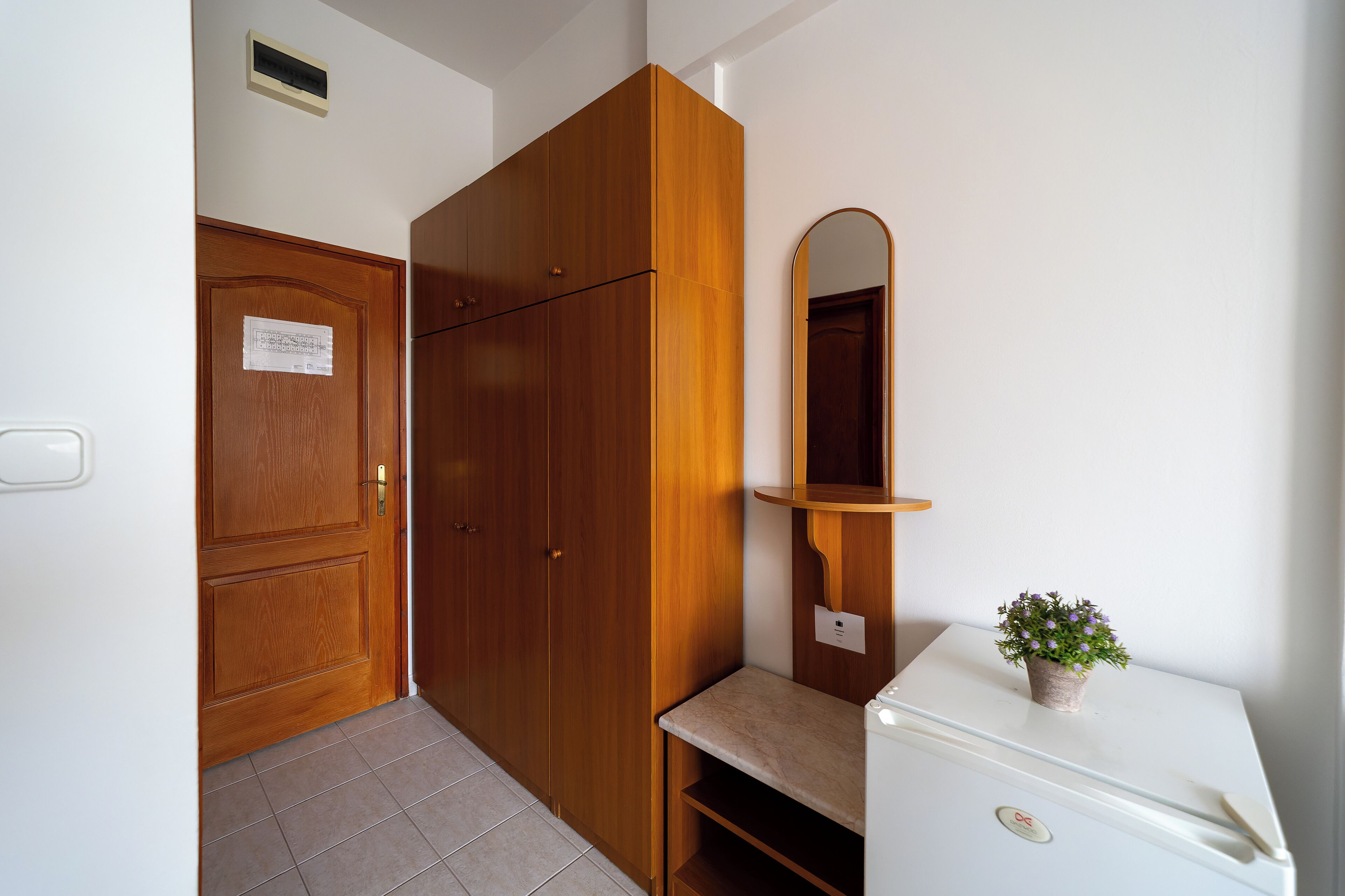 Quarto com guarda-roupa de madeira, um armário branco, um espelho e uma pequena planta no armário.