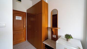 Quarto com guarda-roupa de madeira, um armário branco, um espelho e uma pequena planta no armário.