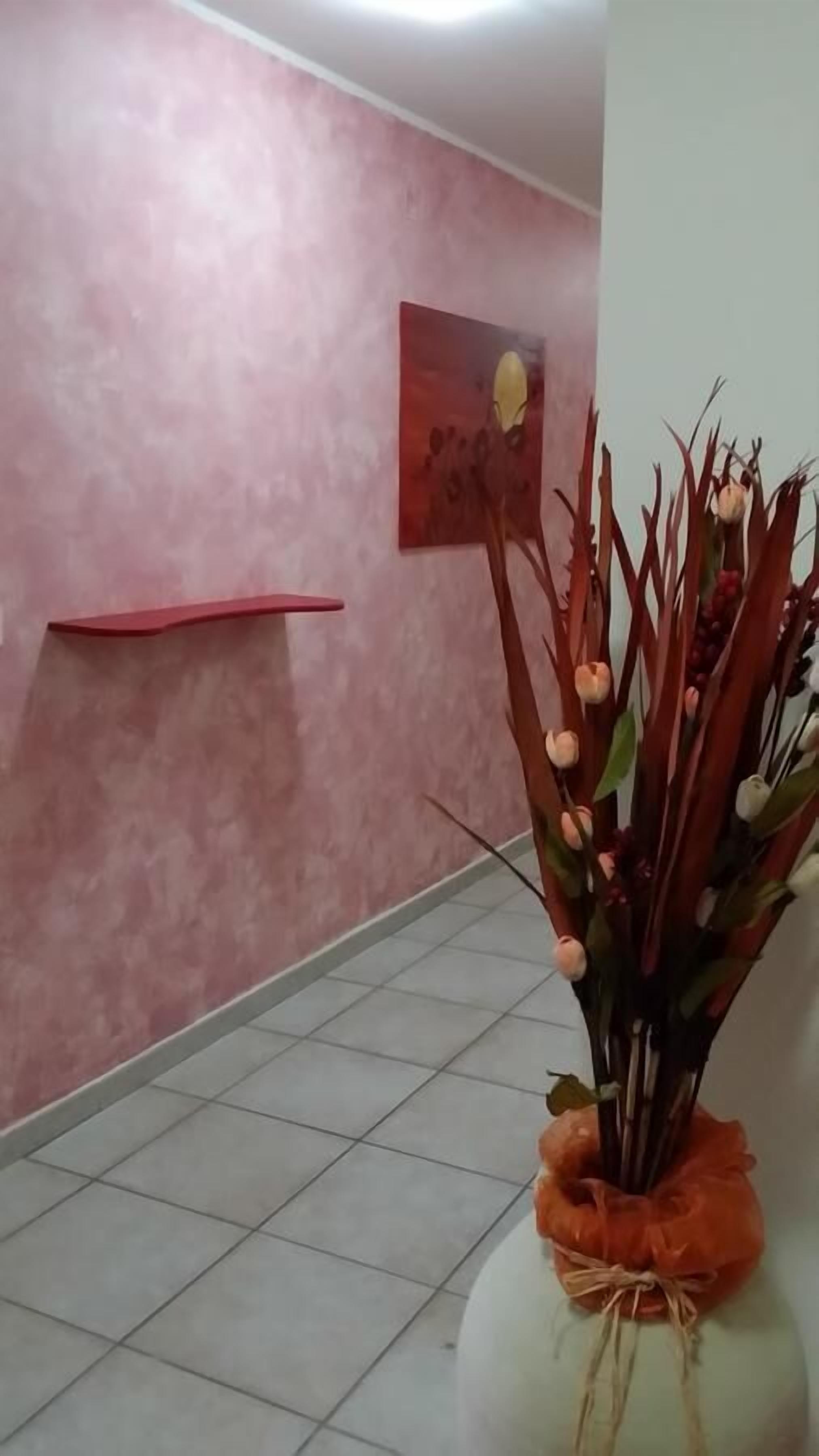 Um corredor com parede rosa, piso ladrilhado, prateleira vermelha e um vaso com plantas decorativas.
