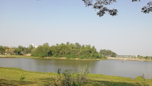 Uma vista tranquila do lago, com gramado em primeiro plano, lago calmo e área arborizada ao fundo.