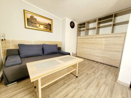 Apartamento Deluxe | Secretária adequada para computadores portáteis, ferro/tábua de engomar 