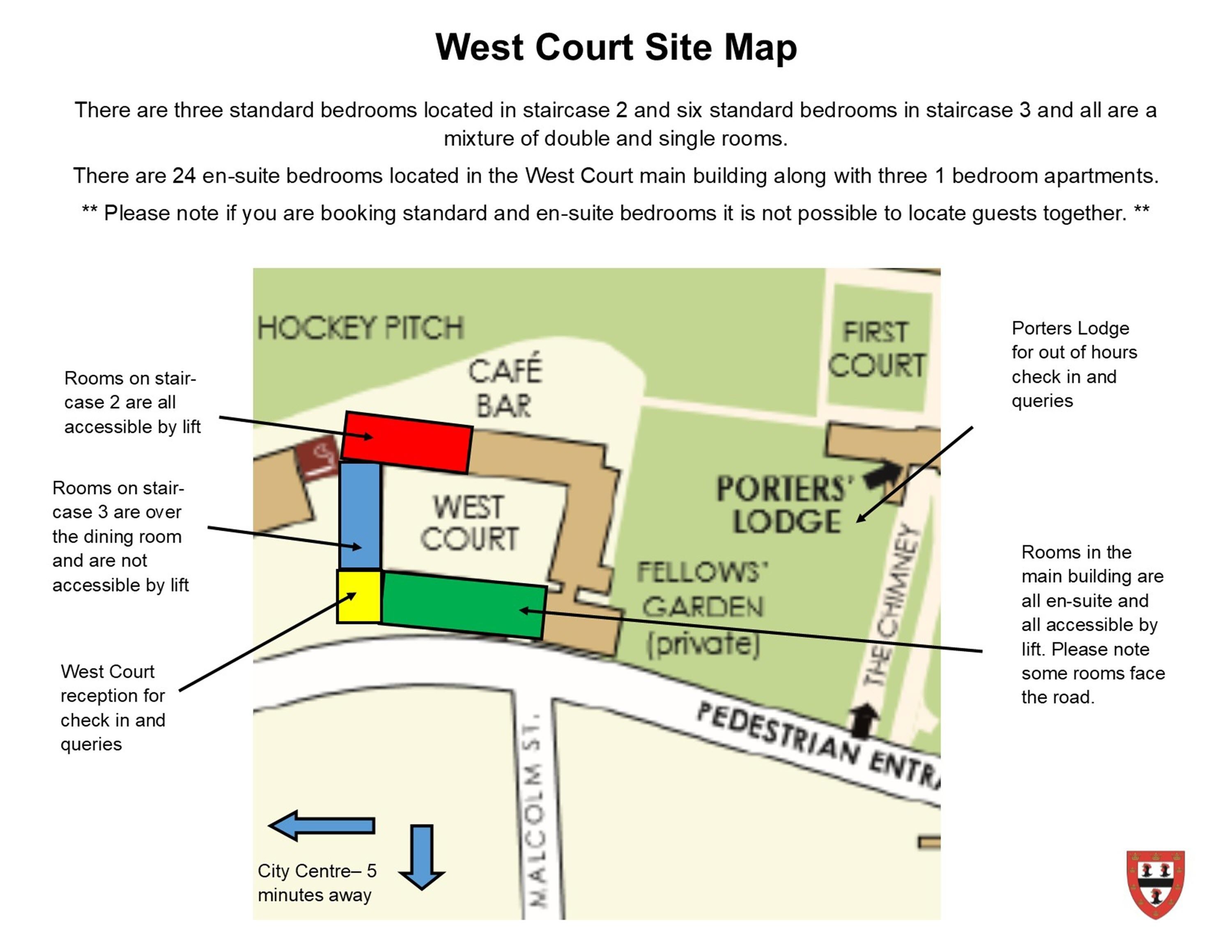 Planta do West Court, mostrando quartos standard e suites, um café-bar e um jardim privado.