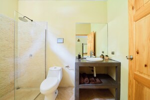 Um banheiro com box de vidro, vaso sanitário branco, pia com espelho acima e porta de madeira.