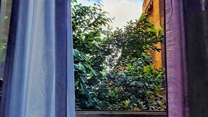 Janela com cortinas, vista para o verde e fachada de um edifício.