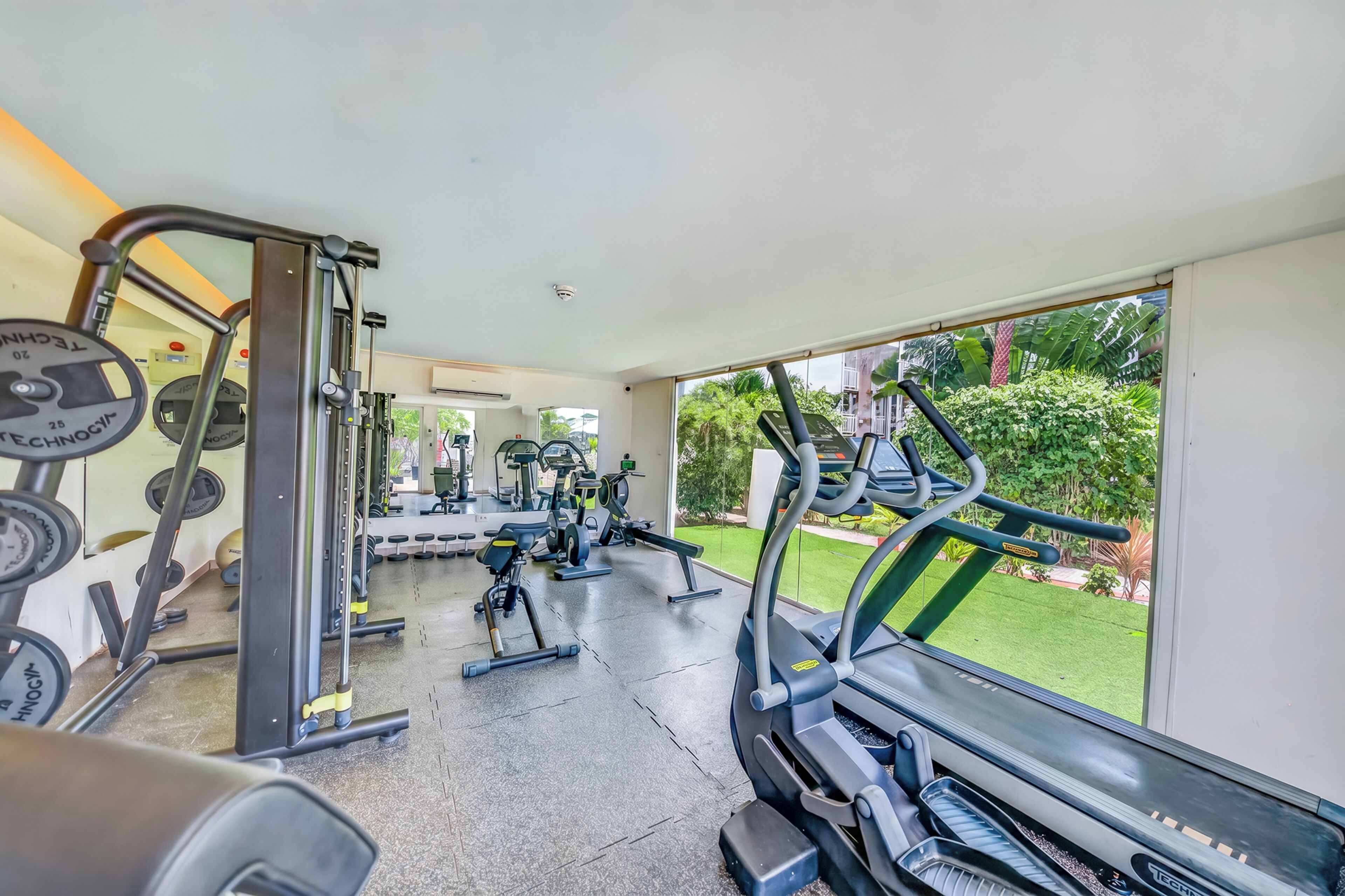 Uma academia com máquinas de cardio, equipamentos de musculação e vista para um jardim bem cuidado.