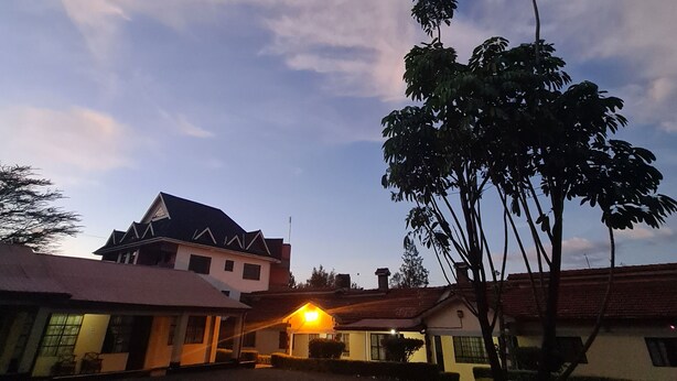 Zona residencial com casas, uma árvore e céu claro.