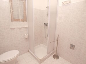 Um chuveiro com porta de vidro, vaso sanitário e porta-toalhas.