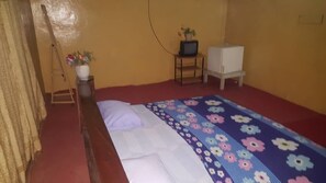 Quarto com uma cama, uma pequena televisão sobre um suporte, um armário e uma planta.