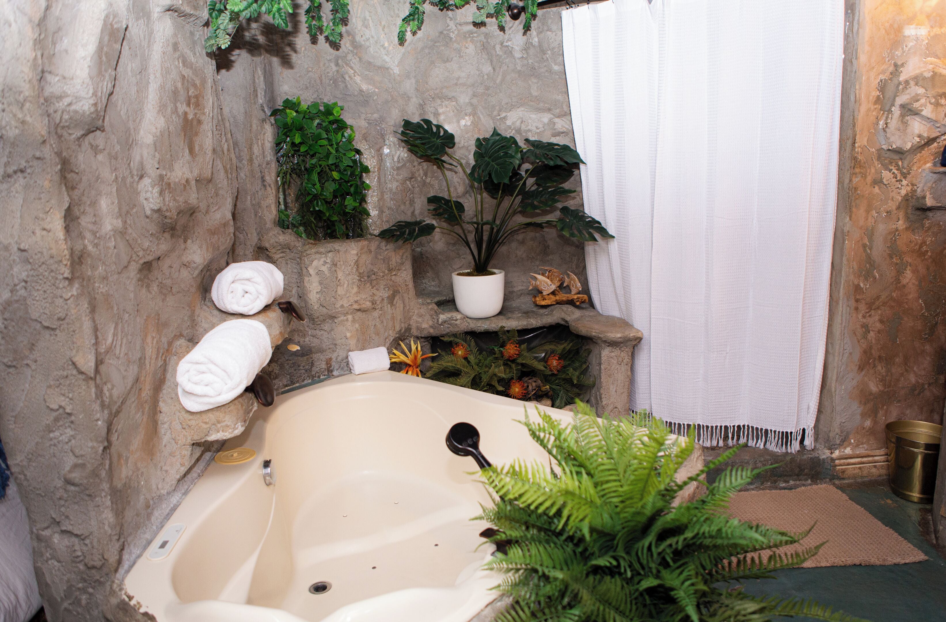 Casa de banho com banheira, porta-toalhas, uma planta em vaso e cortina de chuveiro.