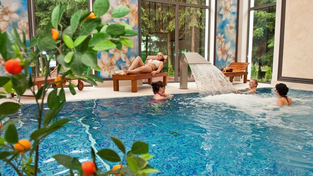 Piscina interna com um elemento aquático, rodeada por amplas janelas e painéis de arte floral.