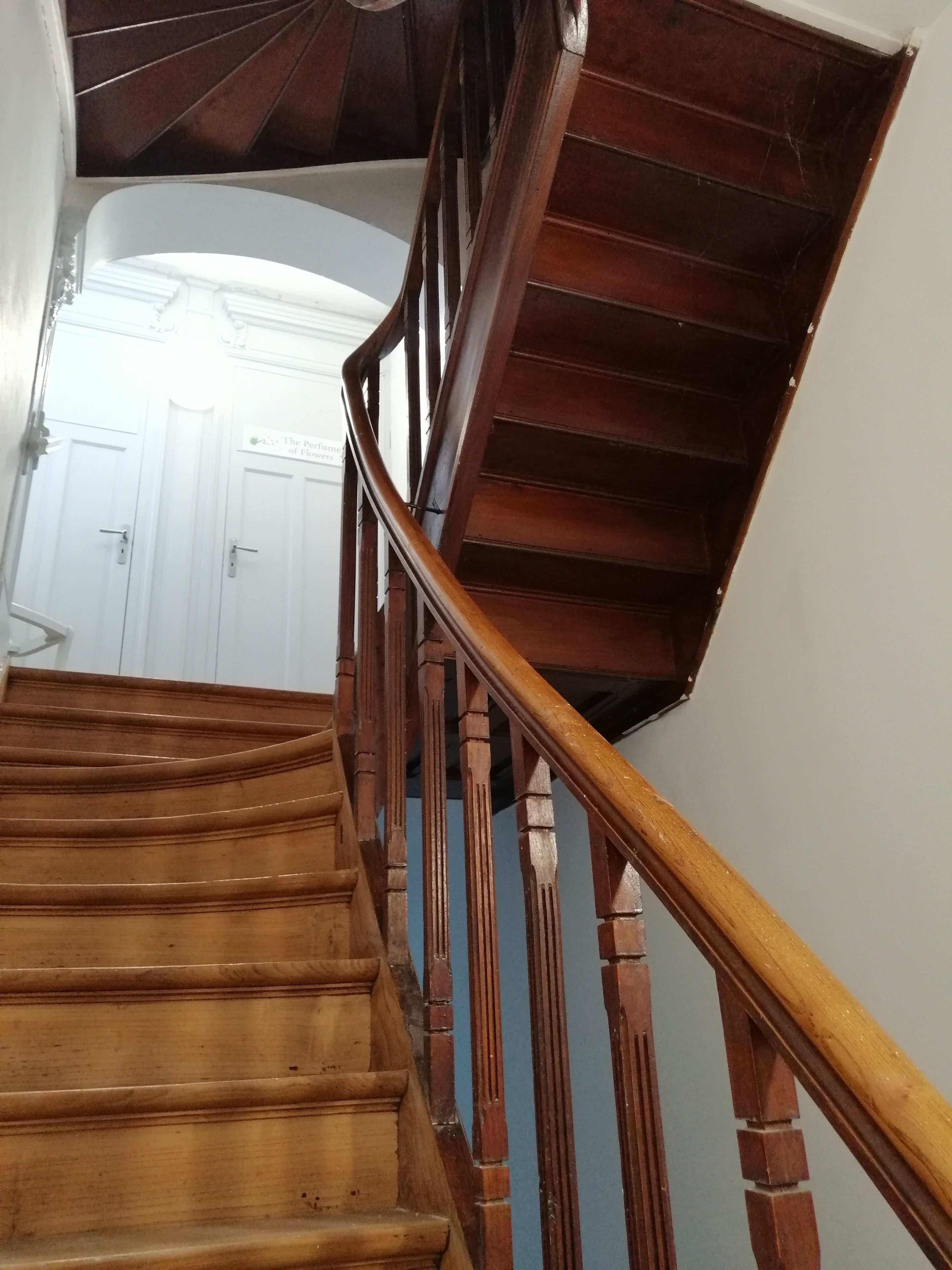 Uma escada de madeira com corrimão curvo que leva a uma porta branca.