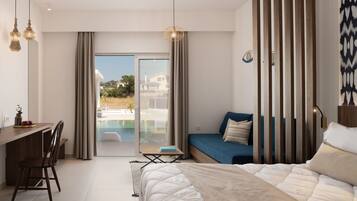 Suíte superior, acesso à piscina, vista para a piscina | 1 quarto, roupas de cama de algodão egípcio, roupas de cama premium