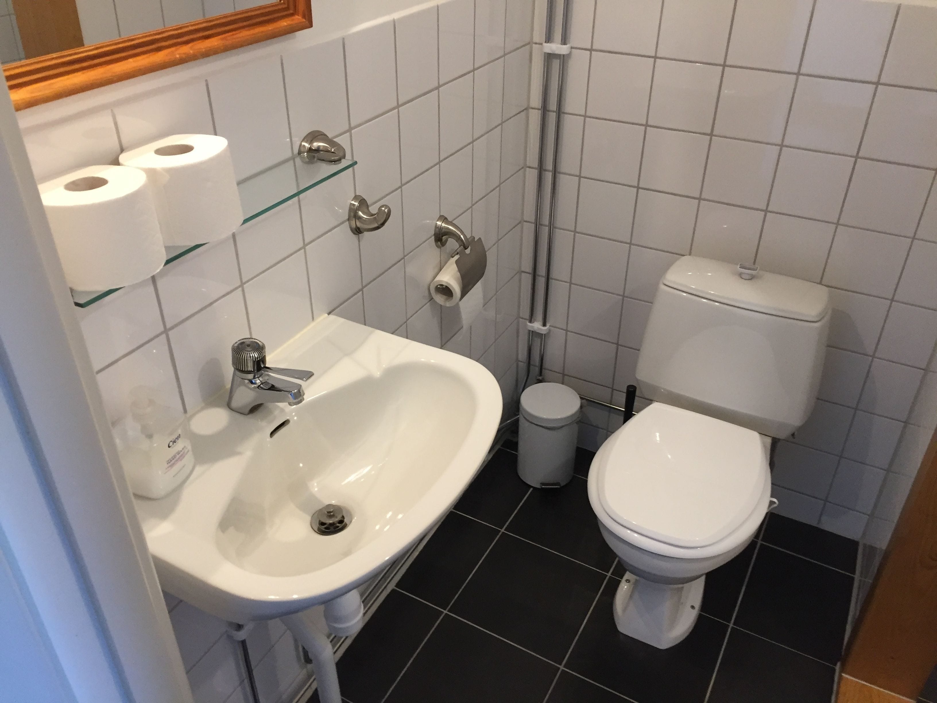 Casa de banho com lavatório branco, sanita e duas embalagens de papel higiénico numa estante.