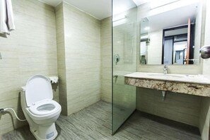 Um polibã, um chuveiro fixo, artigos de higiene pessoal grátis 