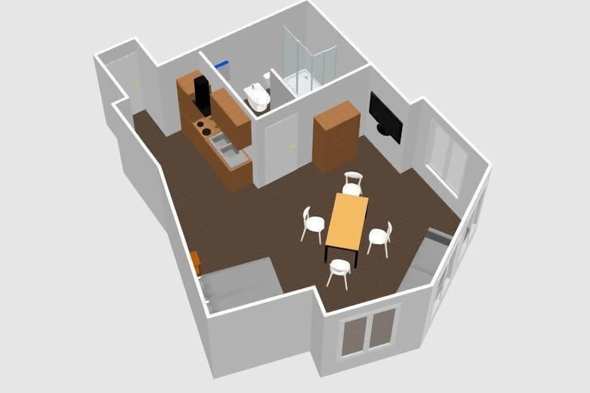 Um modelo 3D de um quarto de hotel com cozinha compacta, área de refeições com mesa e cadeiras, banheiro e uma janela grande.