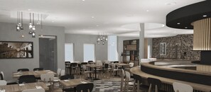 Um restaurante moderno com várias mesas e cadeiras, área de bar e parede de pedra decorativa.