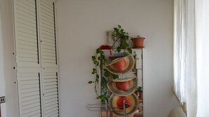 Sala de estar com sofá, mesinha de livros, prateleira com plantas e armário com portas deslizantes.