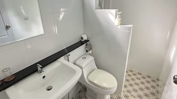 Um polibã, um secador de cabelo, toalhas fornecidas, sabão