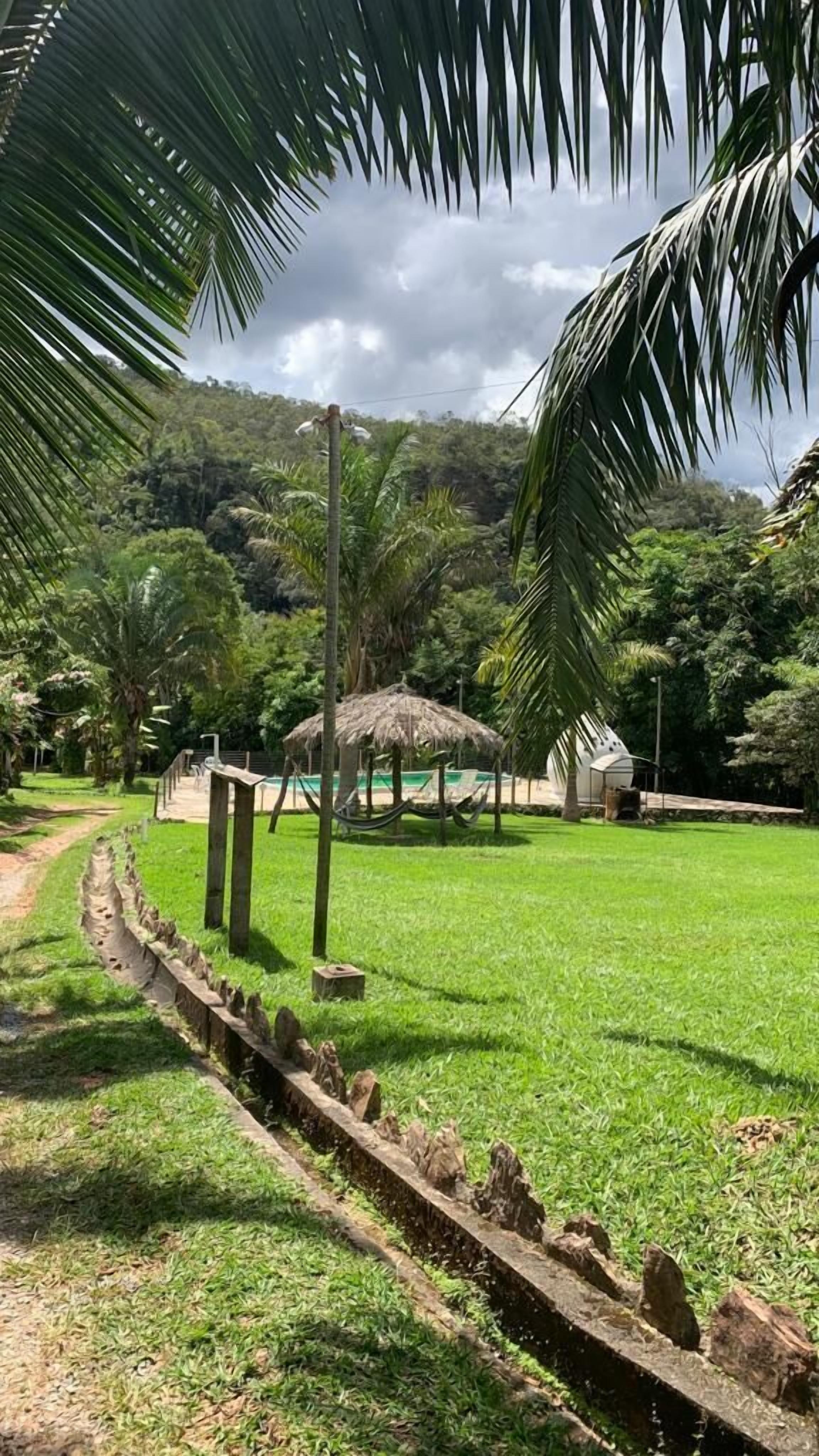 Paisagem verde exuberante com uma construção de telhado de palha, uma rede e área de piscina.