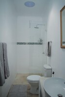 Quarto Duplo ou Twin, vista para a montanha | Casa de banho | Um polibã, artigos de higiene pessoal grátis, um secador de cabelo