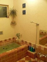 Casa de banho com banheira, chuveiro e lavatório. Apresenta azulejos decorativos nas paredes e uma planta em vaso.