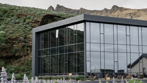 Um edifício moderno com grandes janelas de vidro, rodeado por um campo de flores roxas.